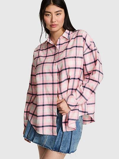 Pink 100% Cotton Favorite Flannel Button-down Sleepshirt - Print