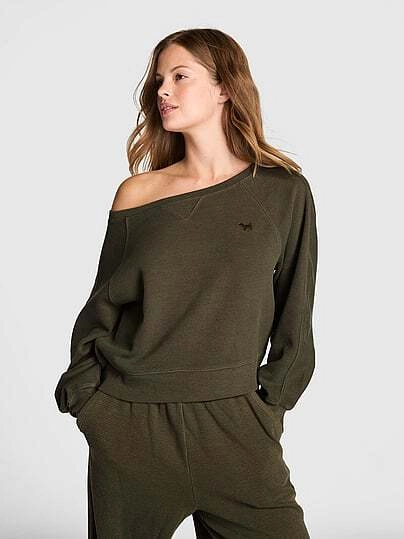 Pink Wondersoft Waﬄe-knit Oﬀ-the-shoulder Sweatshirt - Green