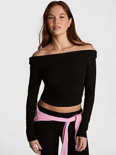 Pink All-day Cotton™ Off-the-shoulder Cropped Top - Black