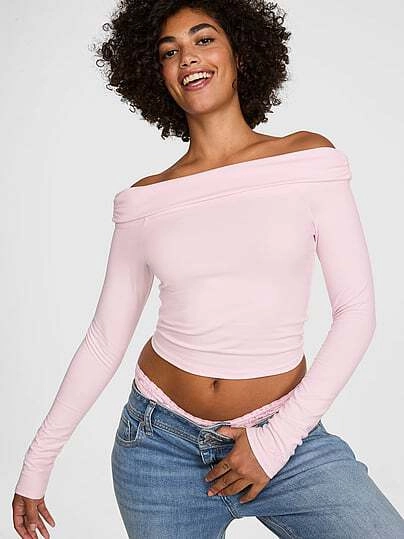 Pink All-day Cotton™ Off-the-shoulder Cropped Top - Pink