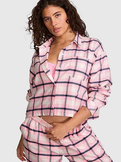 Pink 100% Cotton Favorite Flannel Cropped Button-down Sleepshirt - Print