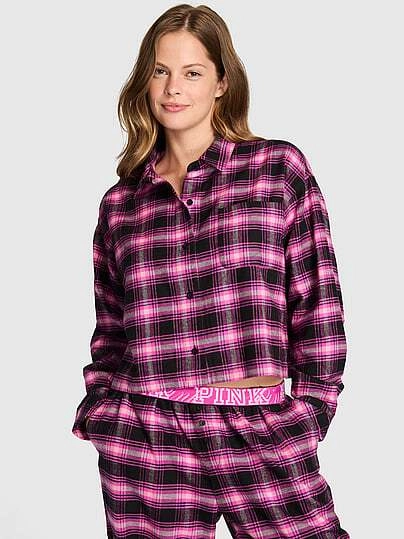 Pink 100% Cotton Favorite Flannel Cropped Button-down Sleepshirt - Print