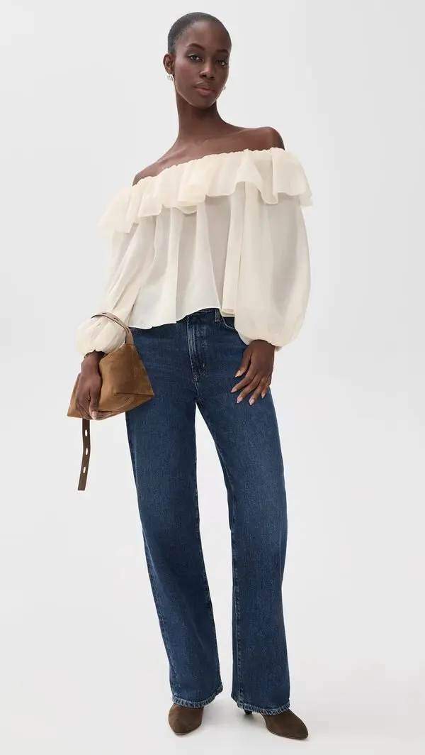 Alice + Olivia Alta Off Shoulder Ruffle Blouse - Chino