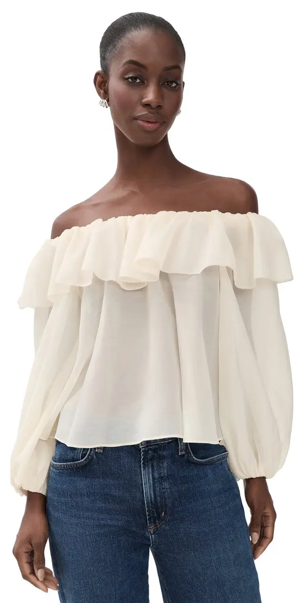 Alice + Olivia Alta Off Shoulder Ruffle Blouse - Chino