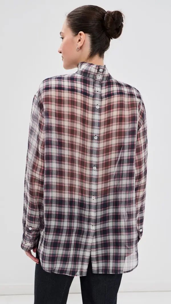 Tibi Silk Cotton Plaid Funnel Neck Shirt