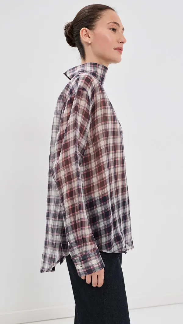 Tibi Silk Cotton Plaid Funnel Neck Shirt