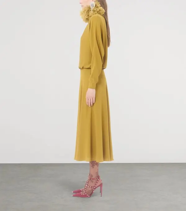Valentino Garavani Silk Feather-trim Midi Dress