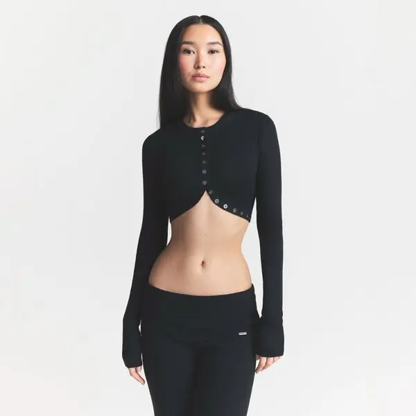 SKIMS Rounded Cropped Cardigan | Black | | Essential Sweaters