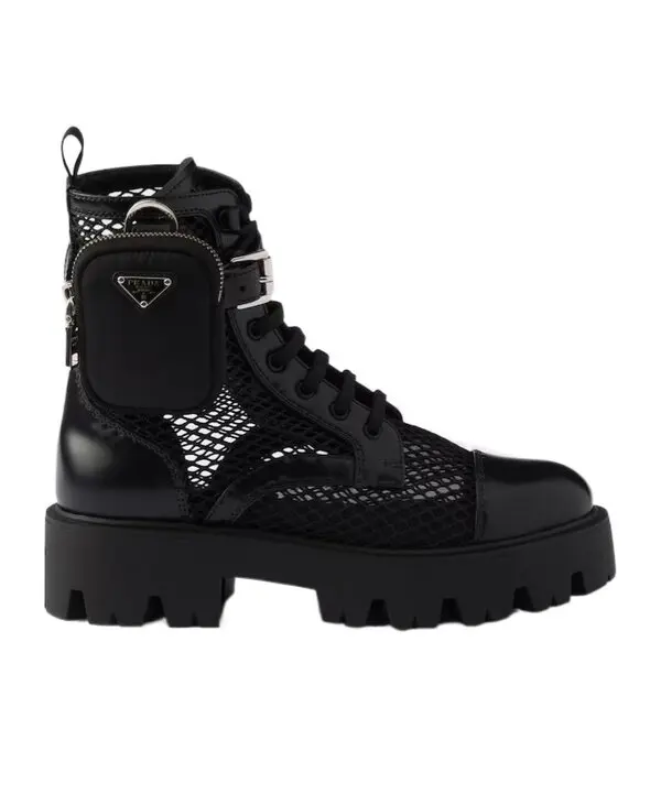 Prada Mesh Fabric And Brushed Leather Booties With Pouch
