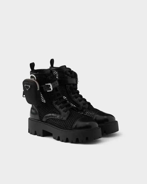Prada Mesh Fabric And Brushed Leather Booties With Pouch