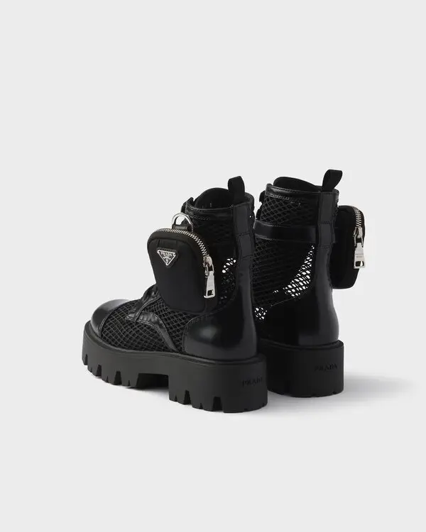 Prada Mesh Fabric And Brushed Leather Booties With Pouch