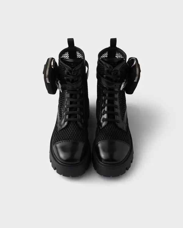 Prada Mesh Fabric And Brushed Leather Booties With Pouch