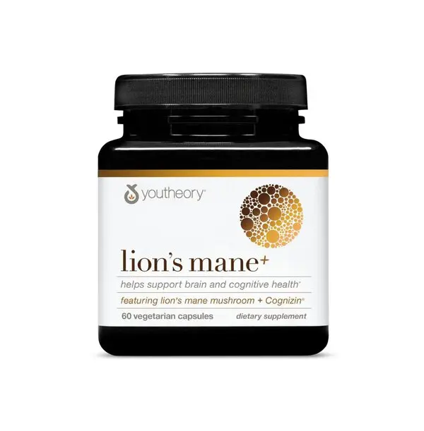 YOUTHEORY Lion's Mane Plus Mushroom Supplement With Cognizin Offers Focus And Brain Support 60 Vegetarian Capsules - No Color