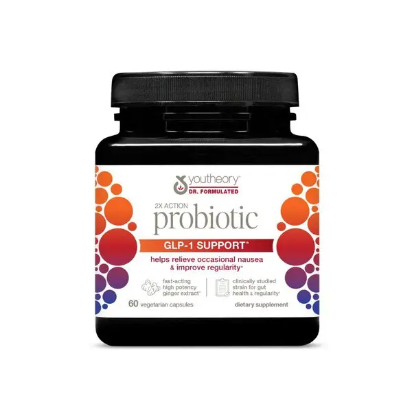 YOUTHEORY 2x Action Probiotic Glp 1 Gut And Digestive Health Support Clinically Studied Gluten And Soy Free 60 Vegetarian Capsules - No Color