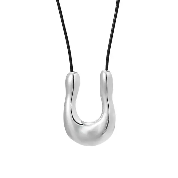 EVERY WAVE Silver / Black Anchor Horseshoe Pendant Cord Necklace - Silver/black