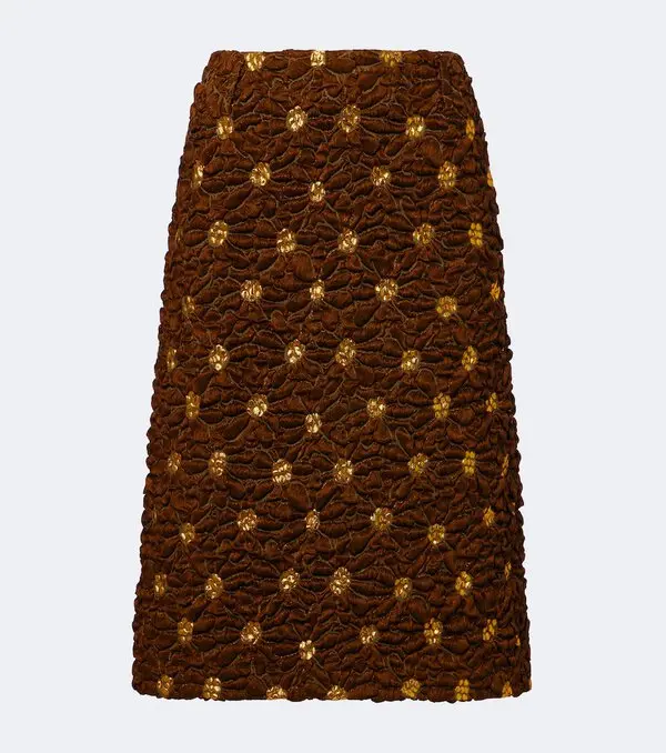 Dries Van Noten Embellished Floral Cloqué Midi Skirt - Brown