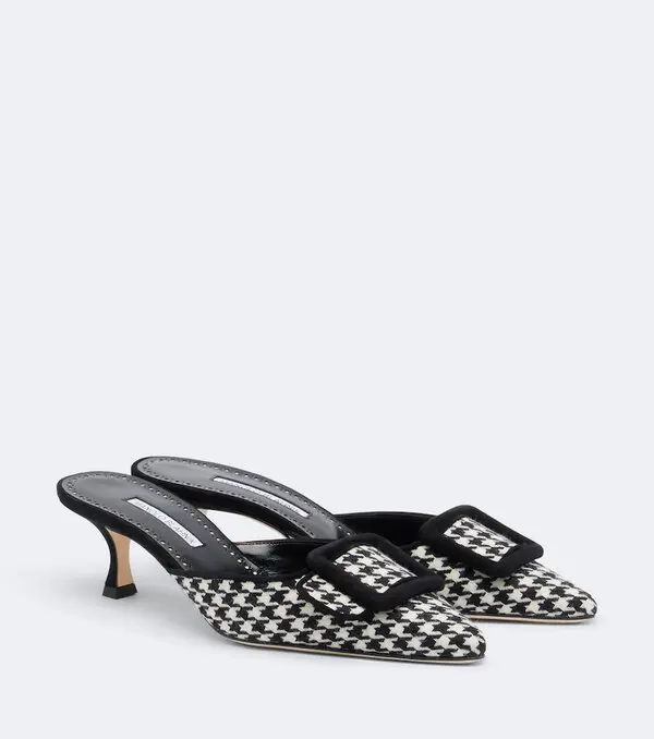 Manolo Blahnik Maysalebi Houndstooth Suede-trimmed Mules