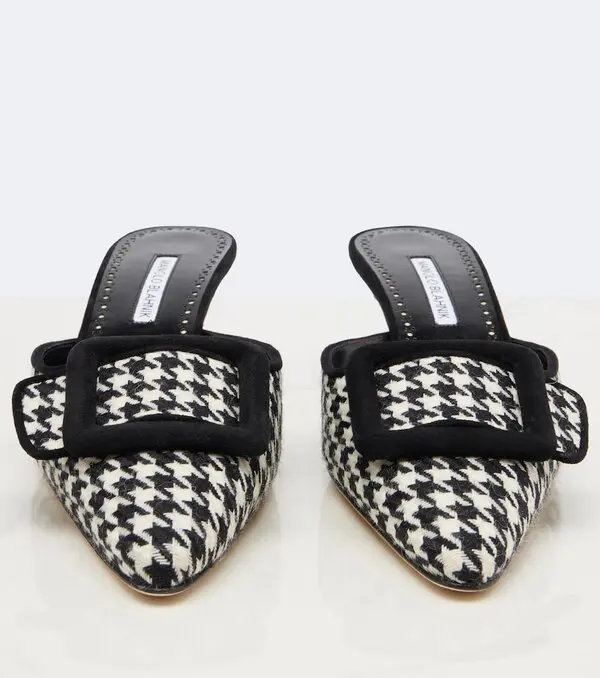 Manolo Blahnik Maysalebi Houndstooth Suede-trimmed Mules