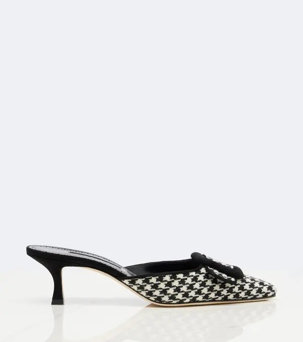 Manolo Blahnik Maysalebi Houndstooth Suede-trimmed Mules