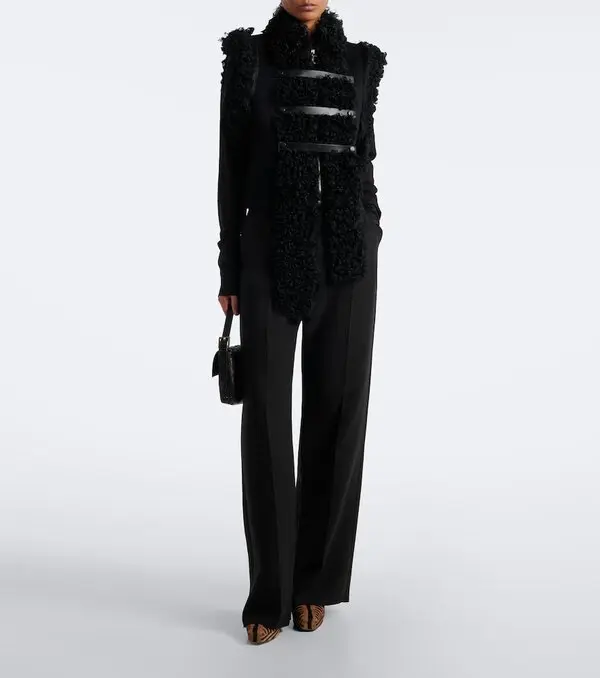 Fendi Shearling And Leather-trimmed Wool-blend Vest