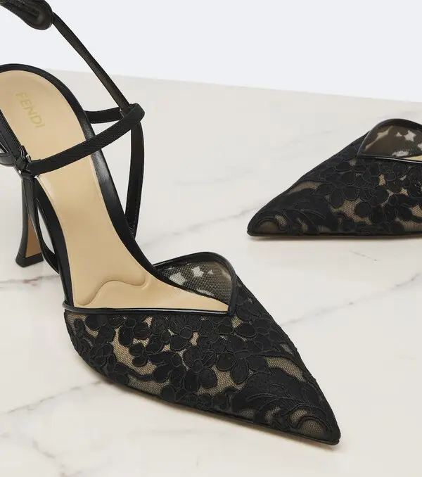 Fendi Colibrì Floral Lace Slingback Pumps - Black