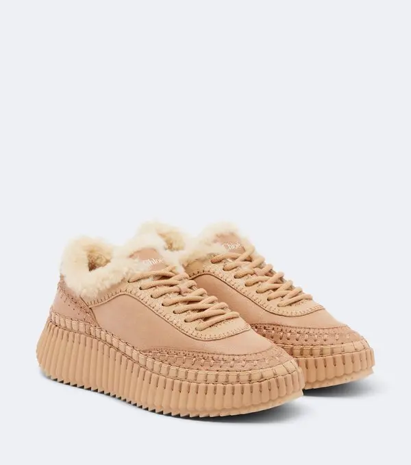 Chloé Nama Shearling-lined Suede Platform Sneakers - Beige