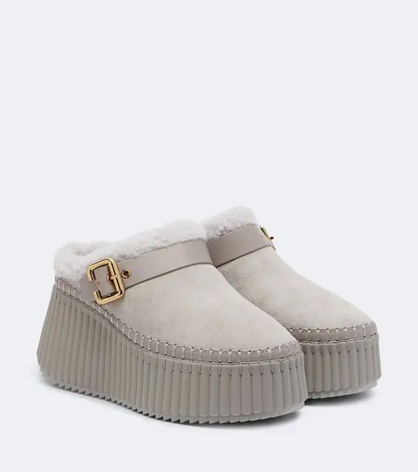Chloé Nama Shearling-lined Suede Platform Mules - Grey