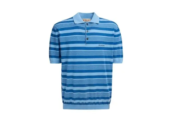 Marni Striped Cotton Short Sleeve Knit Polo Shirt - Blue