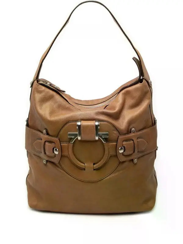 FERRAGAMO 2005-2007 Calfskin Gancini Shoulder Bag - Brown