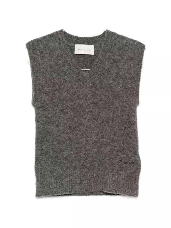 AMI Paris V-neck Logo-embroidered Sweater - Grey