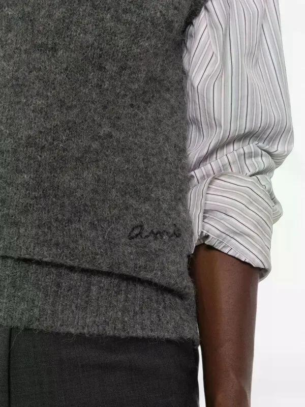 AMI Paris V-neck Logo-embroidered Sweater - Grey
