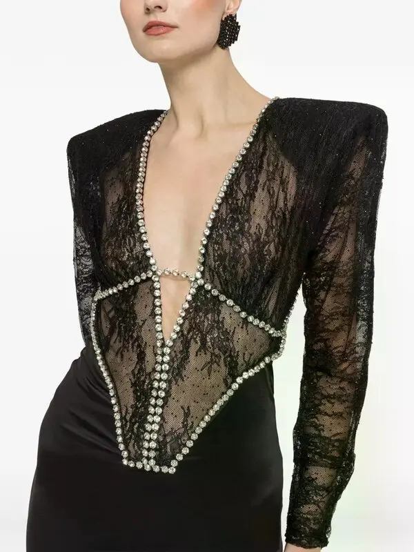 NISSA Lace-panelled Crystal-embellished Dress - Black