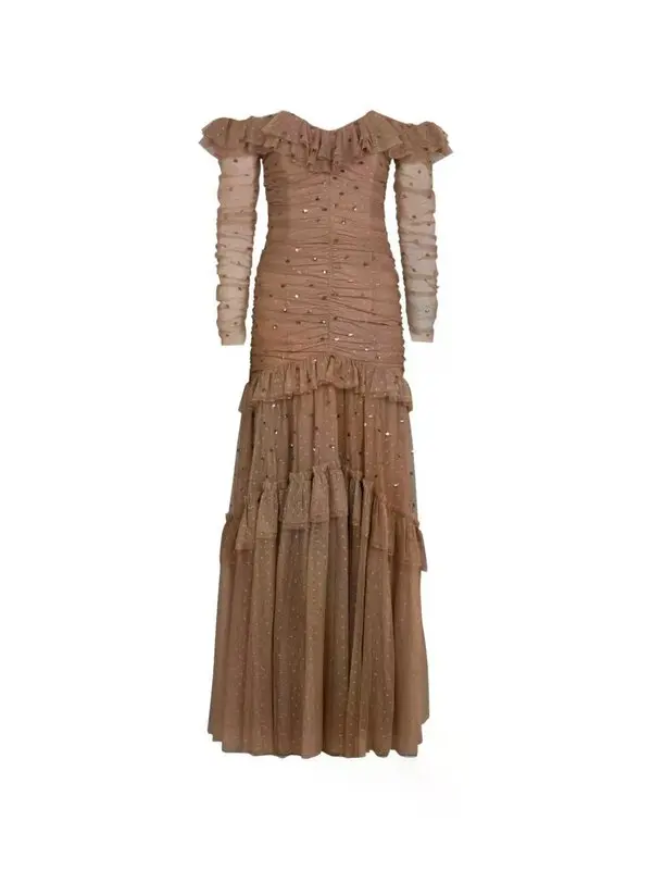 NEEDLE & THREAD Sequin Glimmer Ruffled Gown - Brown