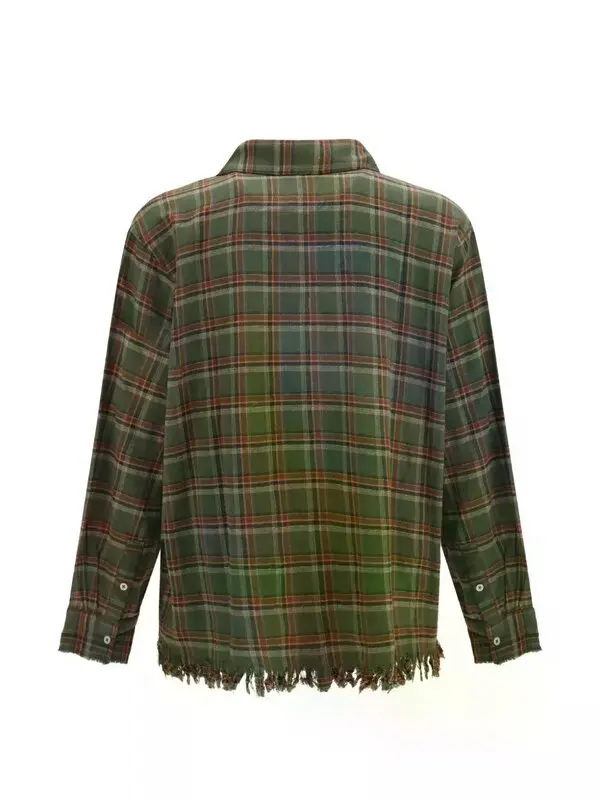 FOUND Raw-cut Fringed Plaid Camp Shirt