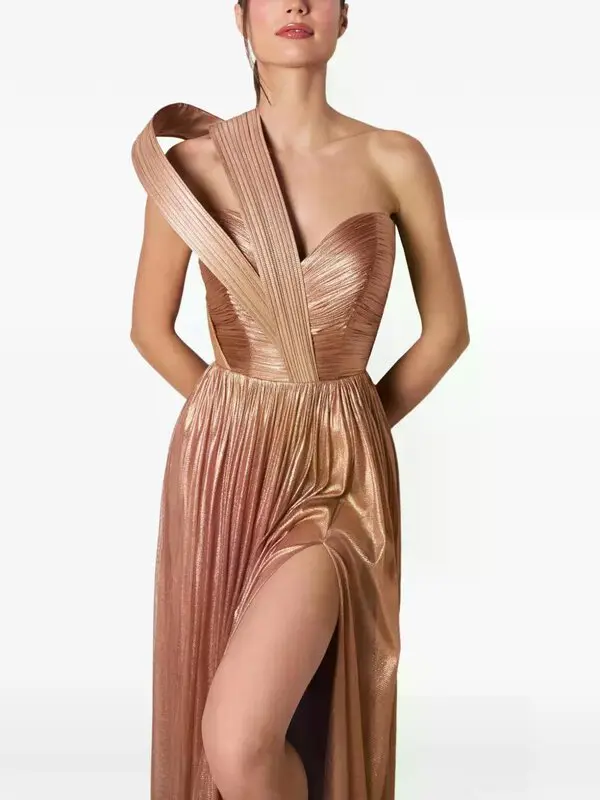 IMROSKA Thalia One-shoulder Pleated Maxi Dress - Brown