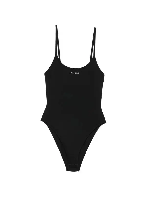 ANINE BING Barbara Logo-print Scoop-neck Bodysuit - Black