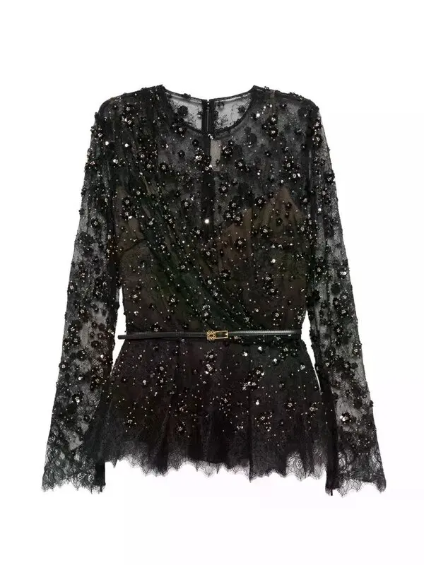 Elie Saab Sequin-embellished Lace Peplum Top - Black