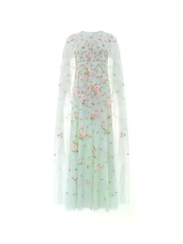 NEEDLE & THREAD Rose Bloom Cape Maxi Gown - Green