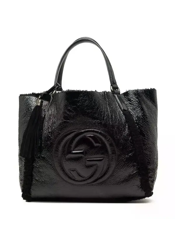 Gucci 2016-2026 Medium Shearling Trimmed Patent Soho Cellarius Tote Bag - Black