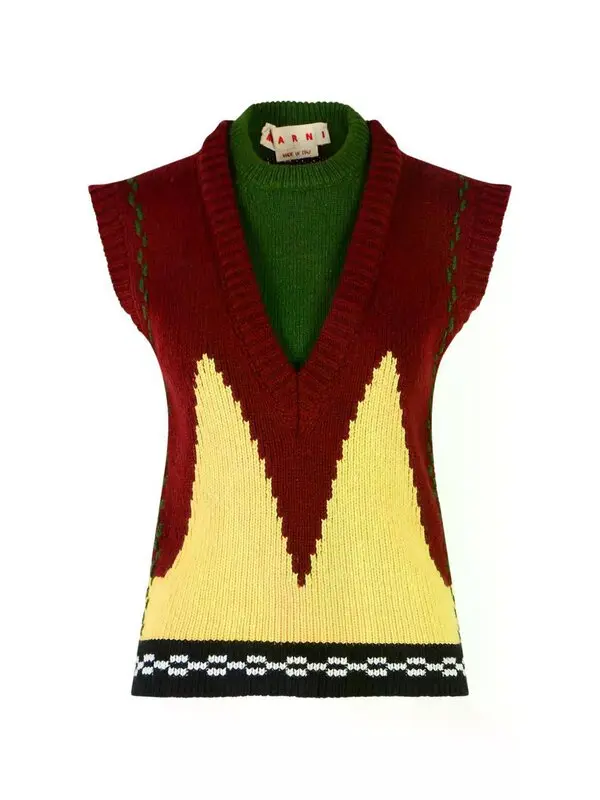 Marni Burgundy Wool Layered Vest With M Intarsia - Red
