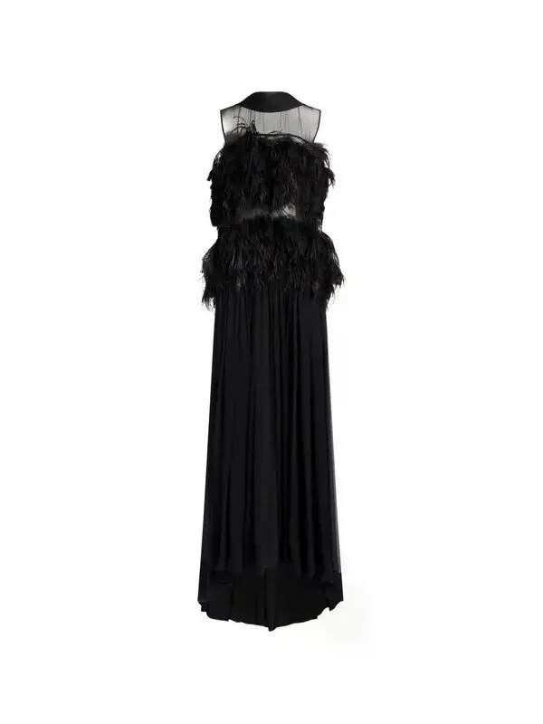 Alberta Ferretti Feather-embellished Silk Maxi Dress - Black