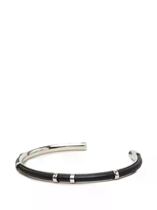 Dior 20th Century Brass And Leather Open Cuff Bangle Costume Bracelet - Silver