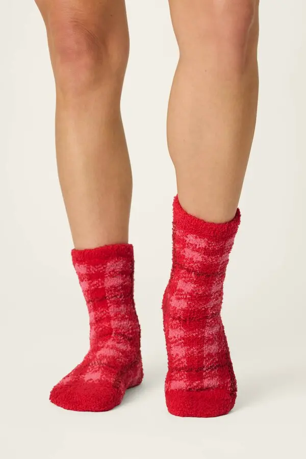 PJ Salvage Red Plaid With Embroidered Bow Socks