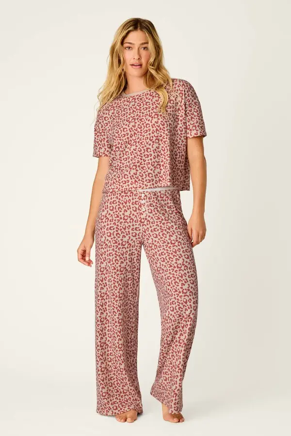 PJ Salvage Boyfriend Boxer Leopard Print Short Sleeve & Pants Pajama Set - Dark Wine
