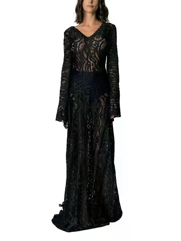 MIAU BY CLARA ROTESCU Lace Bell-sleeve Maxi Dress - Black
