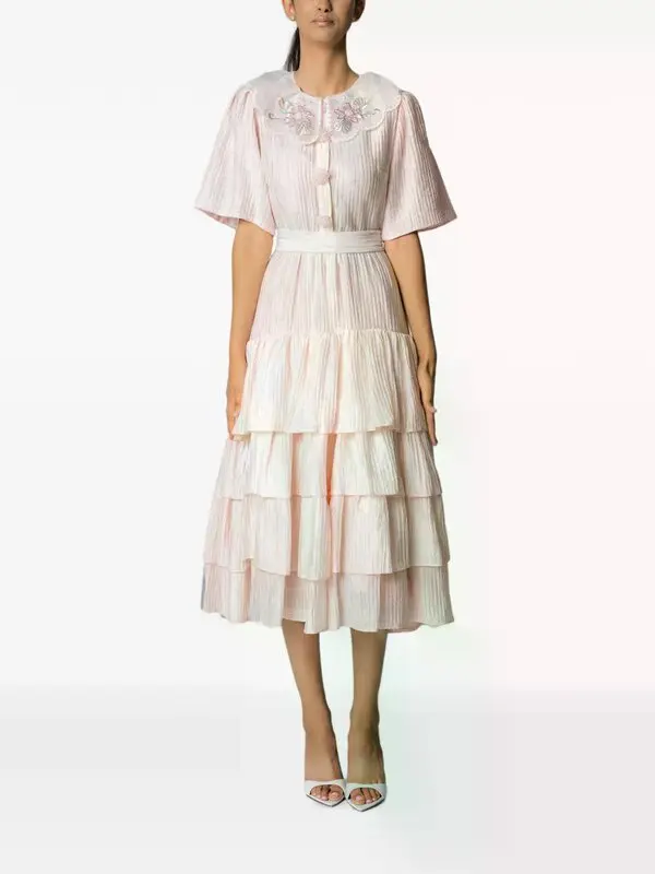 MIAU BY CLARA ROTESCU Embroidered Tiered Midi Dress - Pink