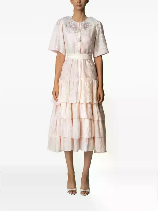 MIAU BY CLARA ROTESCU Embroidered Tiered Midi Dress - Pink