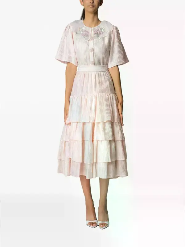 MIAU BY CLARA ROTESCU Embroidered Tiered Midi Dress