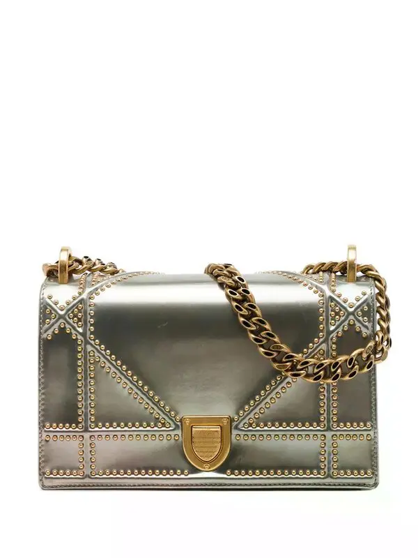 Dior 2018 Small Studded Patent Diorama Flap Crossbody Bag - Silver