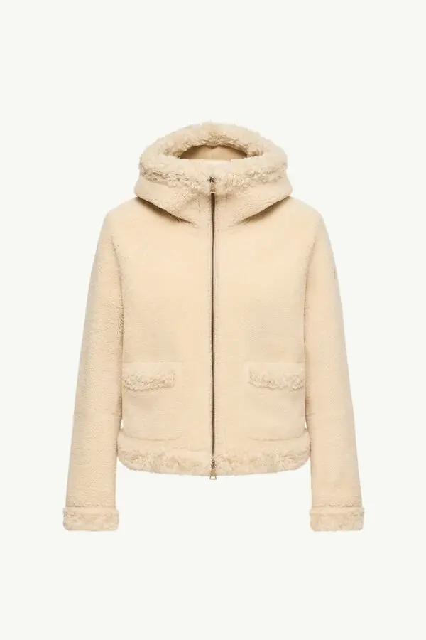 Moncler Leuctre Hooded Shearling Short Down Jacket - Beige